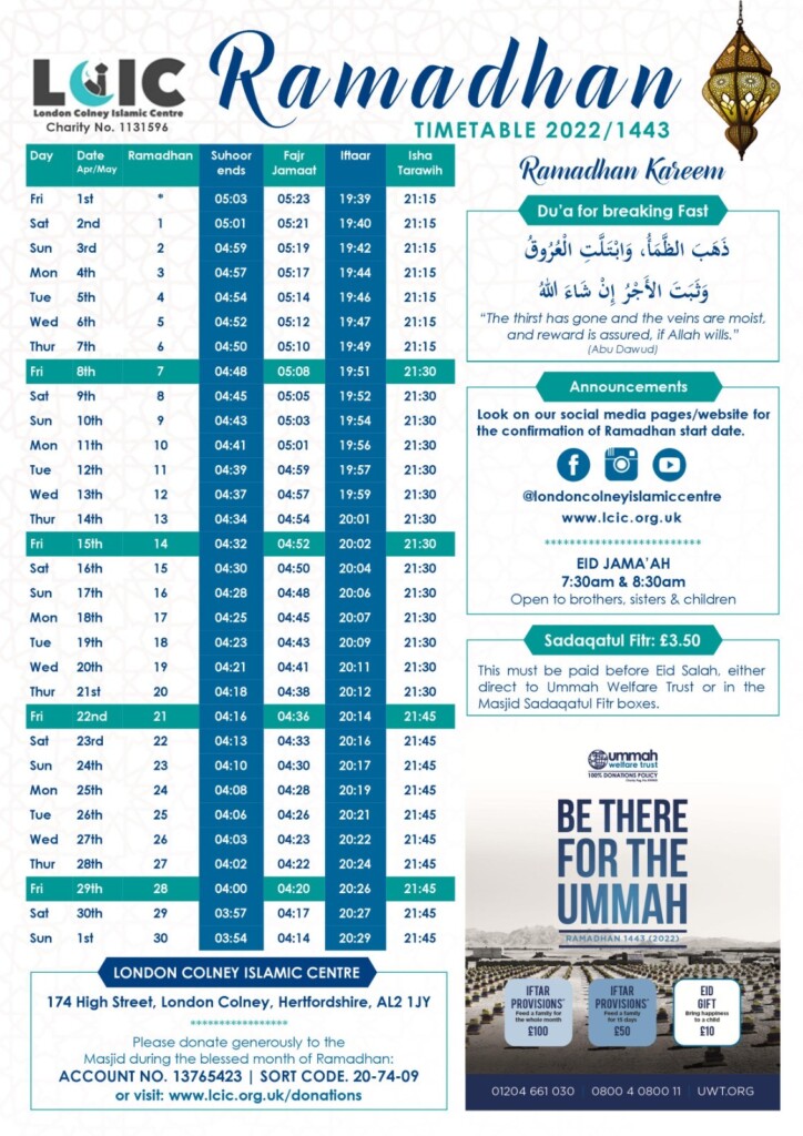 Prayer Timetable – London Colney Islamic Centre